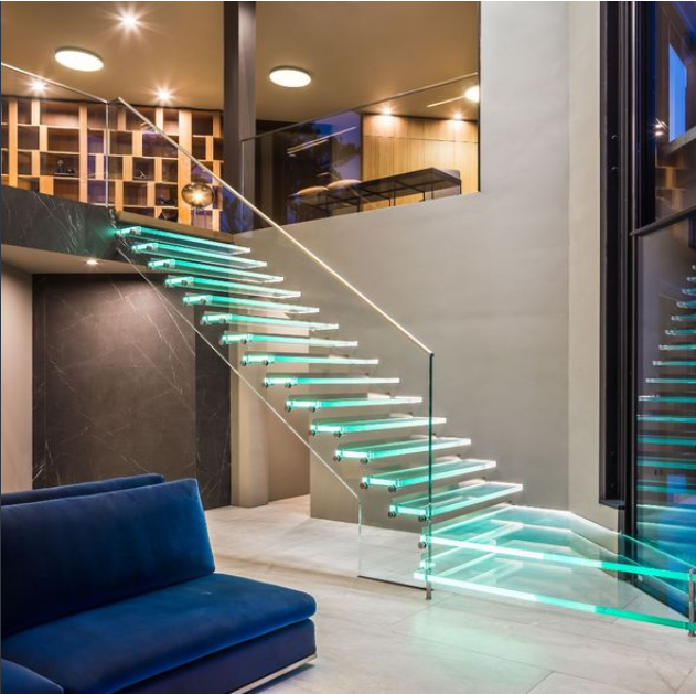 Contemporary Floating Glass Staircase with Tempered Glass Railings ...