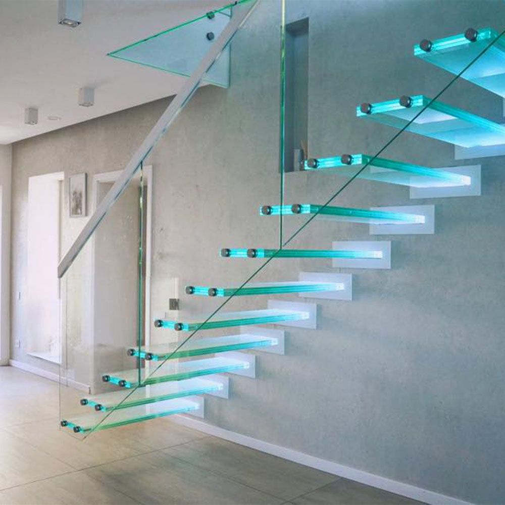LED interior floating staircase glass railing stairs - Foshan Evans